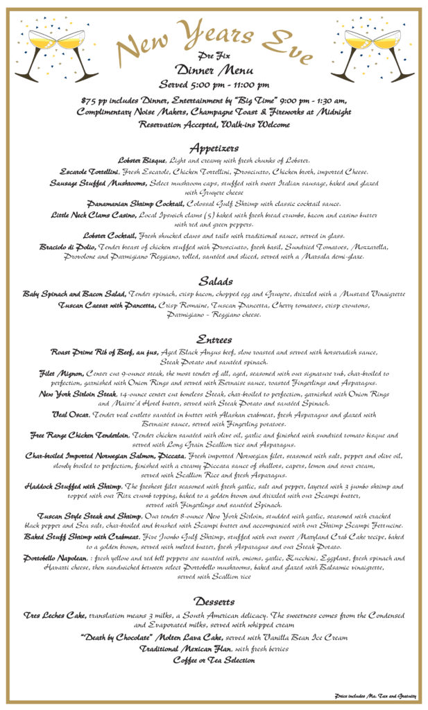 NYE dinner menu – The Outlook Restaurant